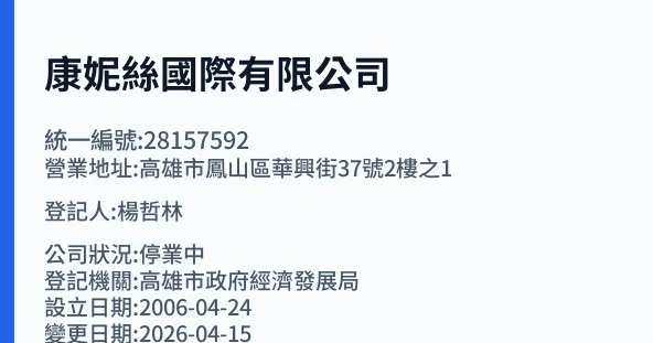 康妮絲國際有限公司的照片-統編 28157592(高雄市) 公司登記資料與營業項目詳細圖表