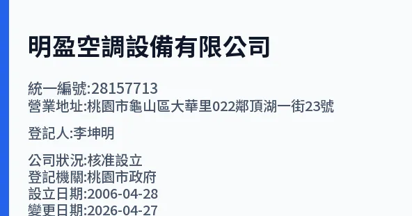 明盈空調設備有限公司的照片-統編 28157713(桃園市) 公司登記資料與營業項目詳細圖表