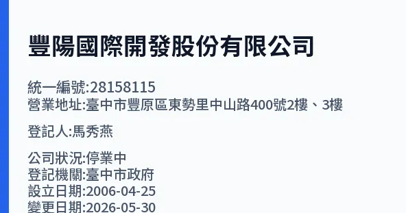 豐陽國際開發股份有限公司的照片-統編 28158115(臺中市) 公司登記資料與營業項目詳細圖表