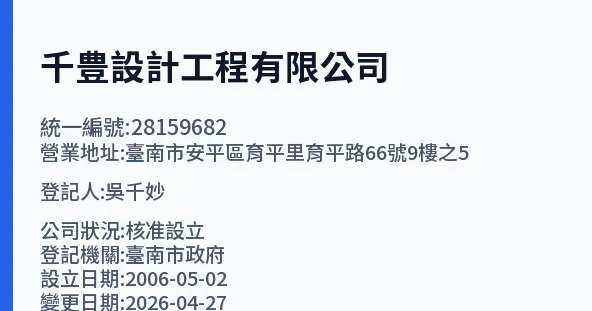 千豊設計工程有限公司的照片-統編 28159682(臺南市) 公司登記資料與營業項目詳細圖表