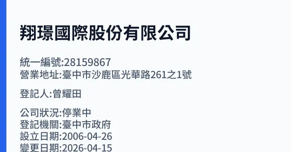 翔璟國際股份有限公司的照片-統編 28159867(臺中市) 公司登記資料與營業項目詳細圖表