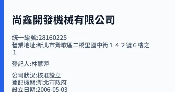 尚鑫開發機械有限公司的照片-統編 28160225(新北市) 公司登記資料與營業項目詳細圖表