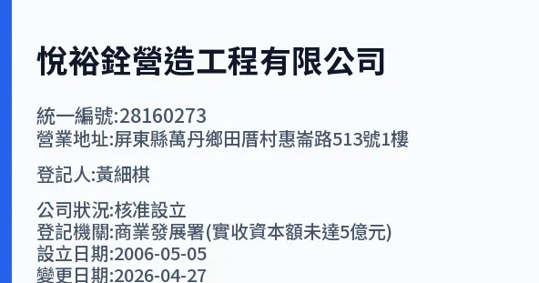 悅裕銓營造工程有限公司的照片-統編 28160273(屏東縣) 公司登記資料與營業項目詳細圖表