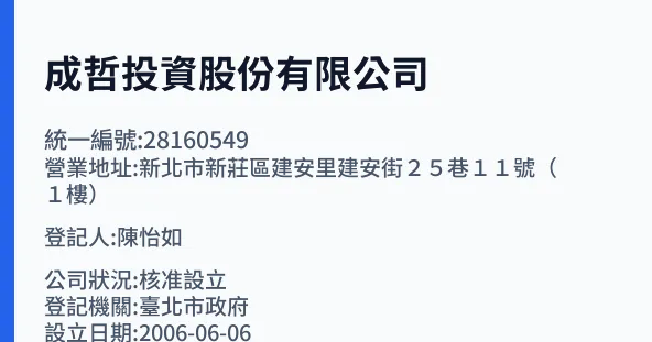 成哲投資股份有限公司的照片-統編 28160549(臺北市) 公司登記資料與營業項目詳細圖表