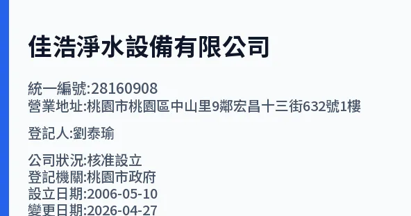佳浩淨水設備有限公司的照片-統編 28160908(桃園市) 公司登記資料與營業項目詳細圖表