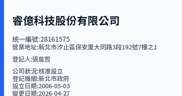 睿億科技股份有限公司的照片-統編 28161575(新北市) 公司登記資料與營業項目詳細圖表