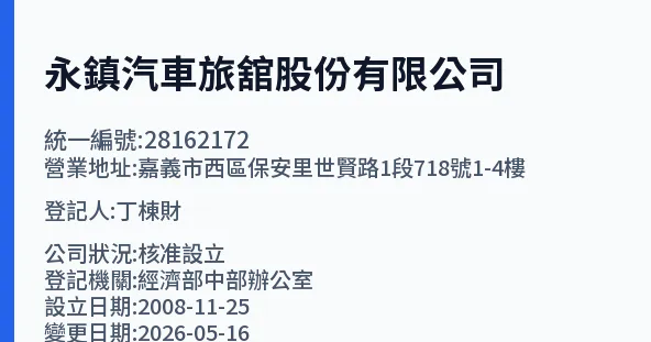 永鎮汽車旅舘股份有限公司的照片-統編 28162172(嘉義市) 公司登記資料與營業項目詳細圖表