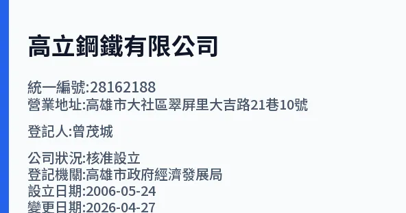 高立鋼鐵有限公司的照片-統編 28162188(高雄市) 公司登記資料與營業項目詳細圖表