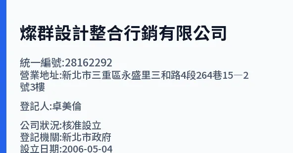 燦群設計整合行銷有限公司的照片-統編 28162292(新北市) 公司登記資料與營業項目詳細圖表