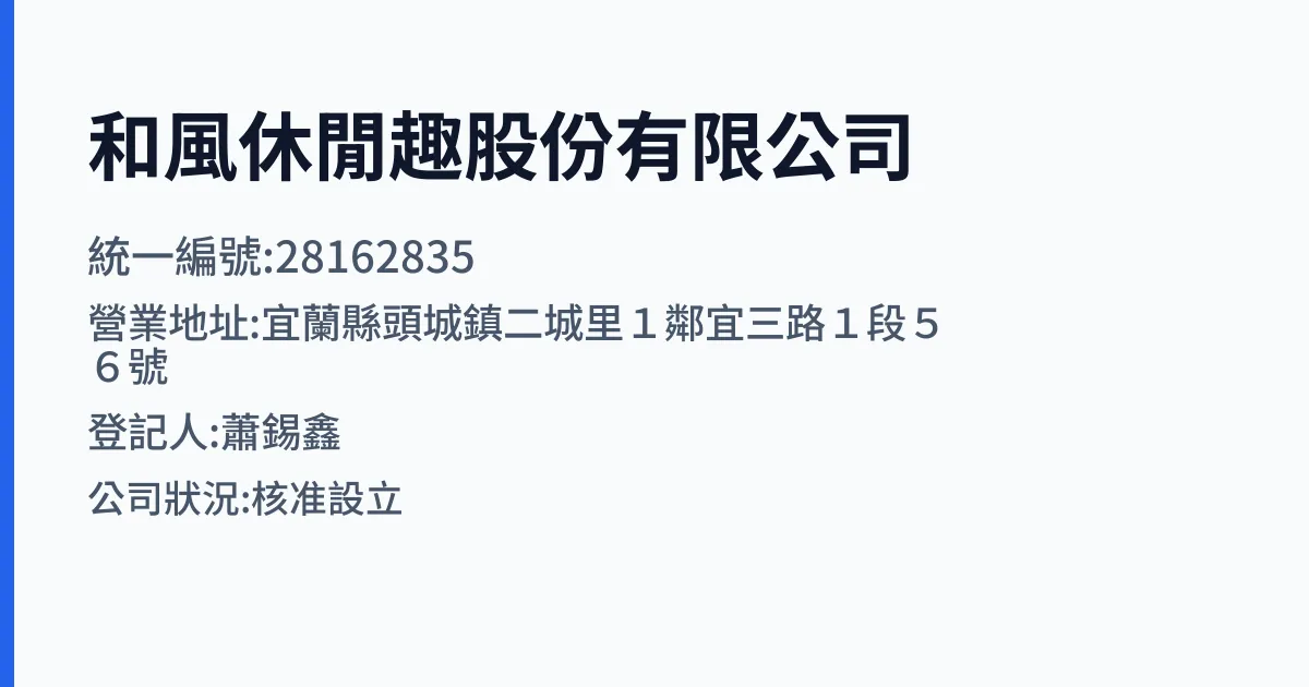 和風休閒趣股份有限公司 - 統編 28162835(宜蘭縣) 公司登記資料與營業項目詳細圖表