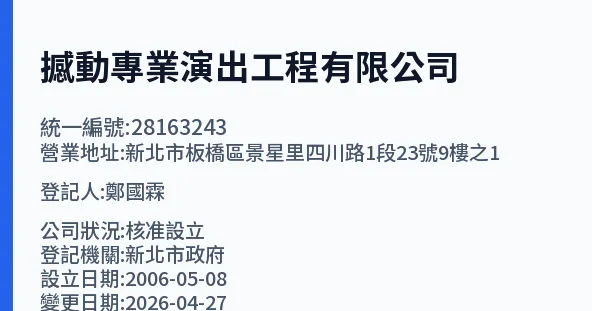 撼動專業演出工程有限公司的照片-統編 28163243(新北市) 公司登記資料與營業項目詳細圖表