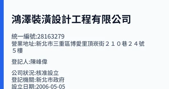鴻澤裝潢設計工程有限公司的照片-統編 28163279(新北市) 公司登記資料與營業項目詳細圖表