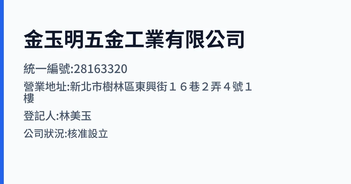 金玉明五金工業有限公司 - 統編 28163320(新北市) 公司登記資料與營業項目詳細圖表