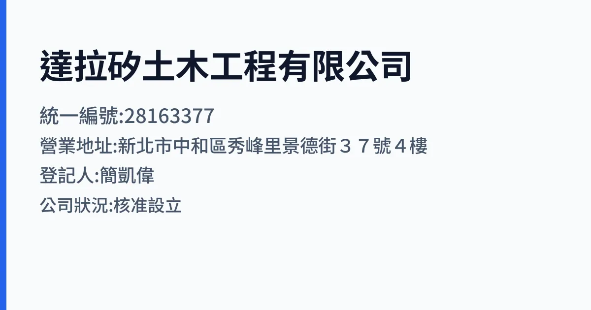 達拉矽土木工程有限公司 - 統編 28163377(新北市) 公司登記資料與營業項目詳細圖表