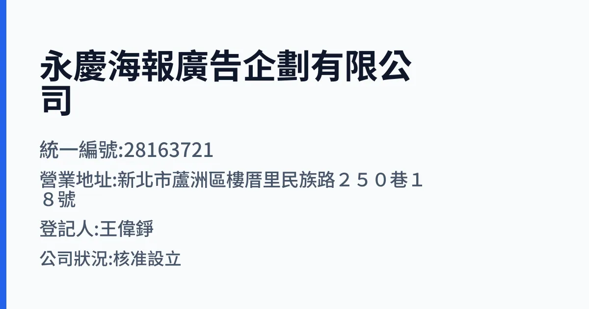 永慶海報廣告企劃有限公司 - 統編 28163721(新北市) 公司登記資料與營業項目詳細圖表
