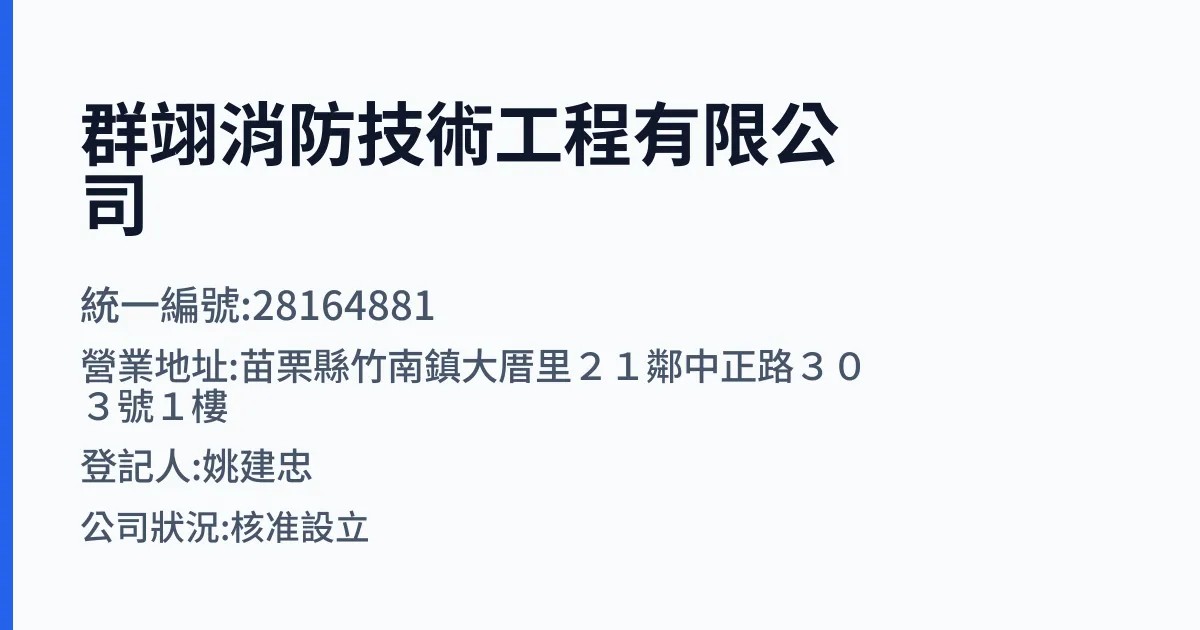 群翊消防技術工程有限公司 - 統編 28164881(苗栗縣) 公司登記資料與營業項目詳細圖表