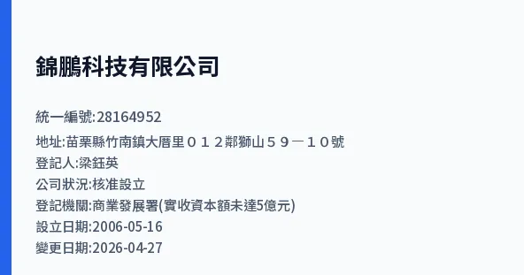 錦鵬科技有限公司的照片-統編 28164952(苗栗縣) 公司登記資料與營業項目詳細圖表