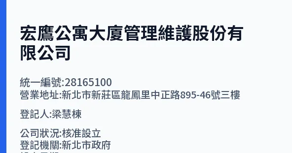 宏鷹公寓大廈管理維護股份有限公司的照片-統編 28165100(新北市) 公司登記資料與營業項目詳細圖表