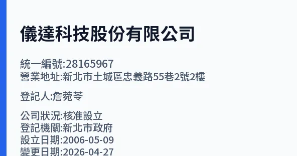 儀達科技股份有限公司的照片-統編 28165967(新北市) 公司登記資料與營業項目詳細圖表