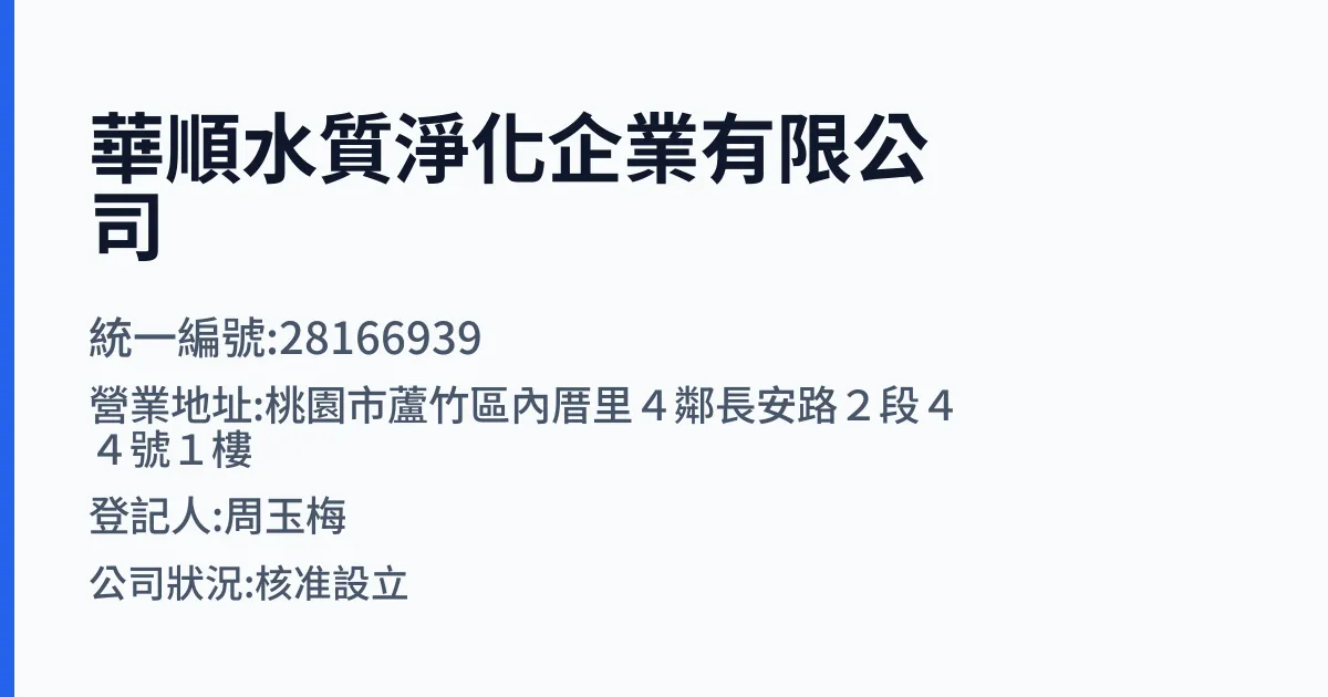 華順水質淨化企業有限公司 - 統編 28166939(桃園市) 公司登記資料與營業項目詳細圖表