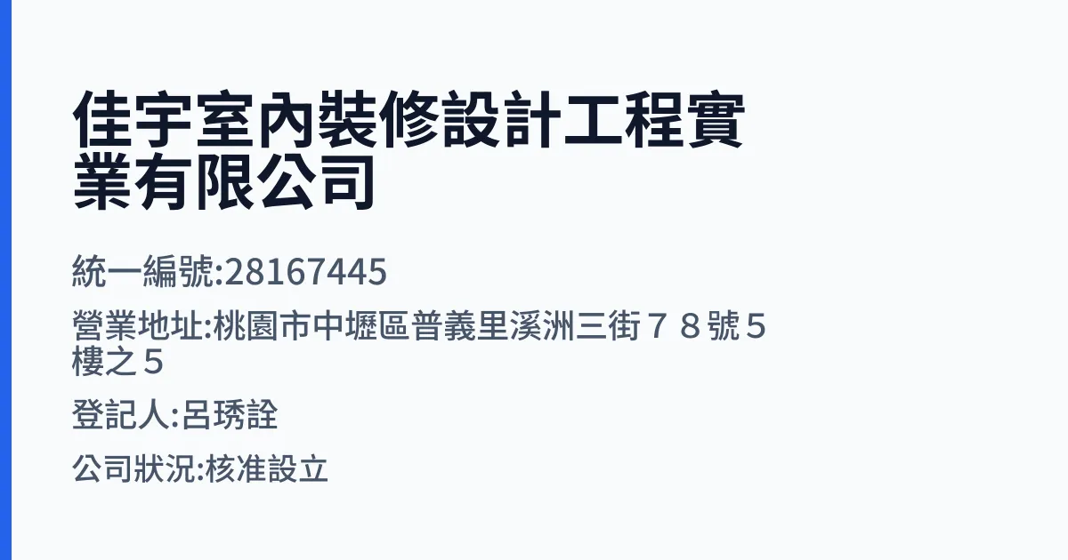 佳宇室內裝修設計工程實業有限公司 - 統編 28167445(桃園市) 公司登記資料與營業項目詳細圖表