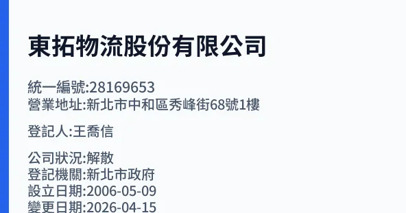 東拓物流股份有限公司的照片-統編 28169653(新北市) 公司登記資料與營業項目詳細圖表