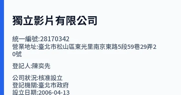 獨立影片有限公司的照片-統編 28170342(臺北市) 公司登記資料與營業項目詳細圖表