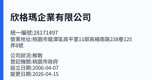 欣格瑪企業有限公司的照片-統編 28171497(桃園市) 公司登記資料與營業項目詳細圖表