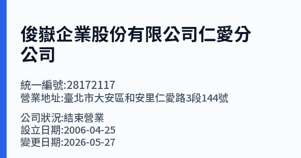 俊嶽企業股份有限公司仁愛分公司的照片-統編 28172117(臺北市) 公司登記資料與營業項目詳細圖表