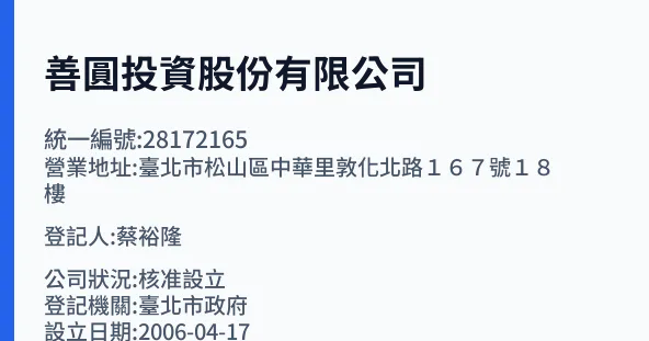 善圓投資股份有限公司的照片-統編 28172165(臺北市) 公司登記資料與營業項目詳細圖表