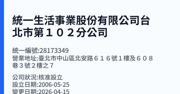 統一生活事業股份有限公司台北市第１０２分公司的照片-統編 28173349(臺北市) 公司登記資料與營業項目詳細圖表