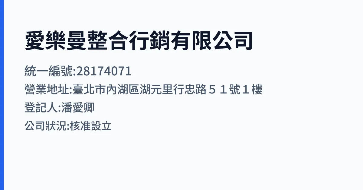 愛樂曼整合行銷有限公司 - 統編 28174071(臺北市) 公司登記資料與營業項目詳細圖表
