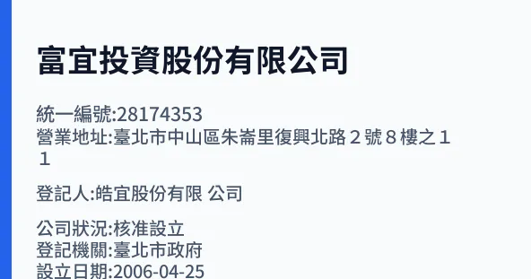 富宜投資股份有限公司的照片-統編 28174353(臺北市) 公司登記資料與營業項目詳細圖表