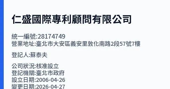 仁盛國際專利顧問有限公司的照片-統編 28174749(臺北市) 公司登記資料與營業項目詳細圖表