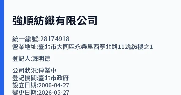 強順紡織有限公司的照片-統編 28174918(臺北市) 公司登記資料與營業項目詳細圖表