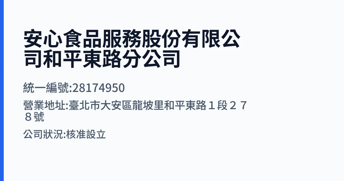 安心食品服務股份有限公司和平東路分公司 - 統編 28174950(臺北市) 公司登記資料與營業項目詳細圖表