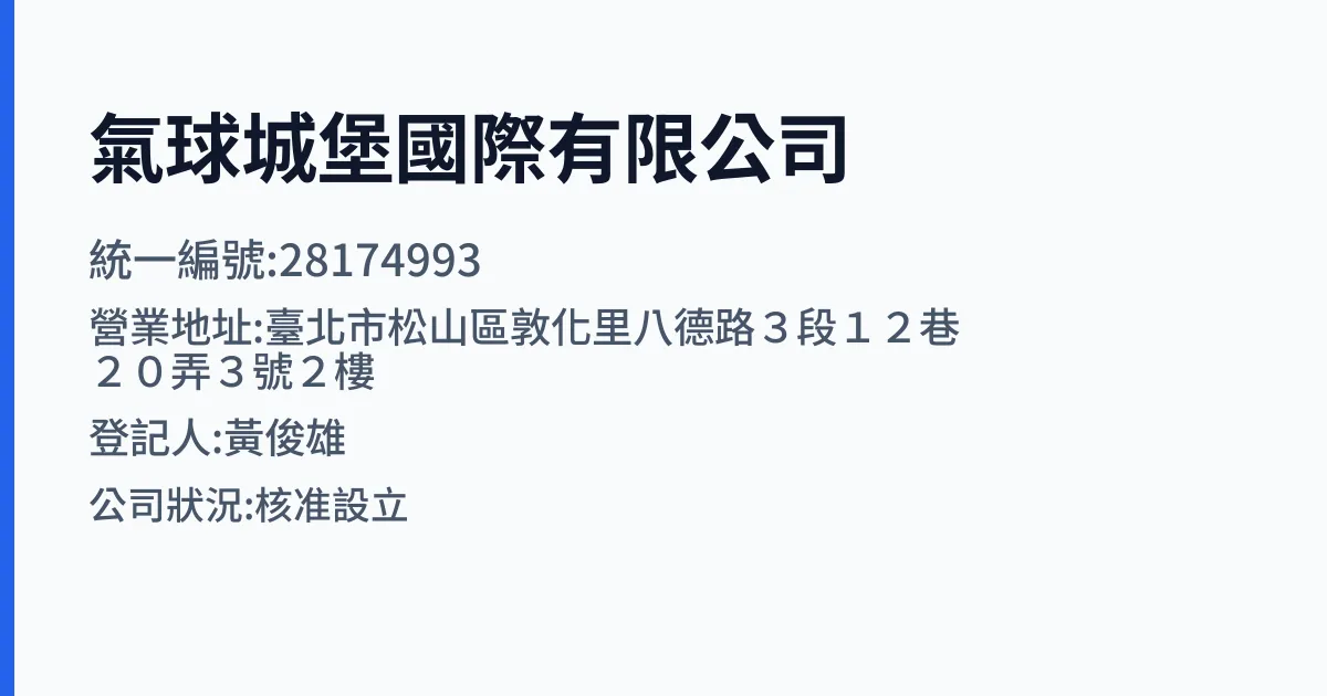 氣球城堡國際有限公司 - 統編 28174993(臺北市) 公司登記資料與營業項目詳細圖表