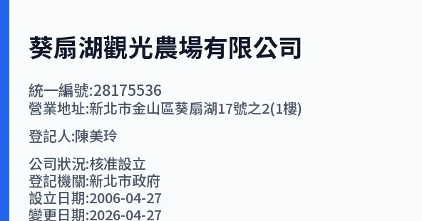 葵扇湖觀光農場有限公司的照片-統編 28175536(新北市) 公司登記資料與營業項目詳細圖表