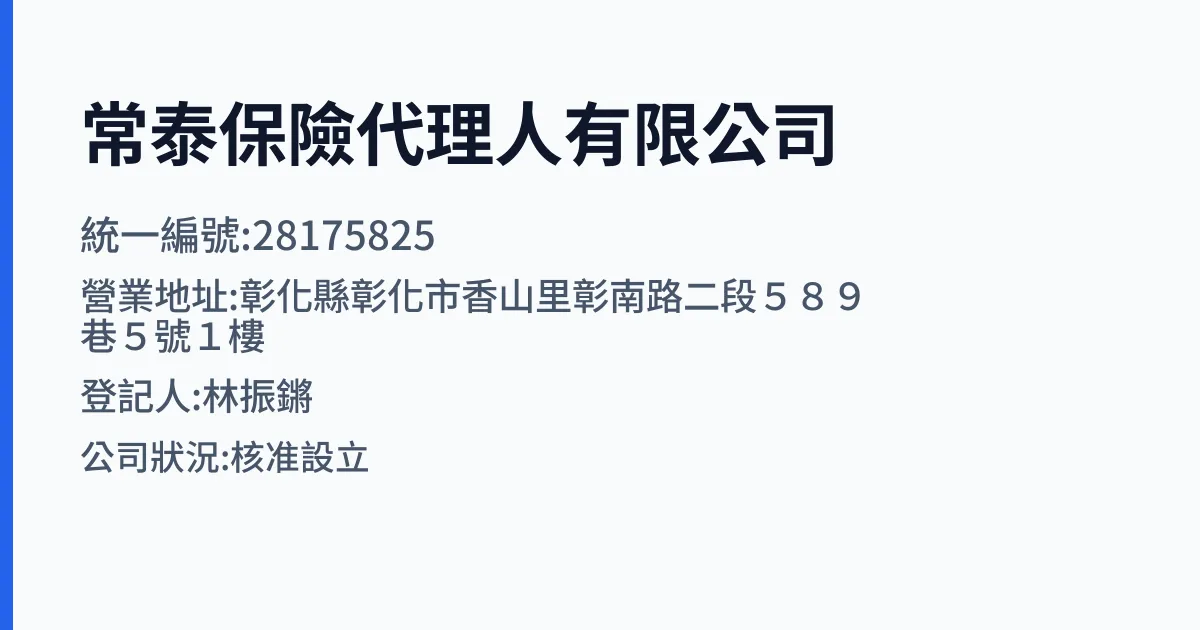 常泰保險代理人有限公司 - 統編 28175825(彰化縣) 公司登記資料與營業項目詳細圖表