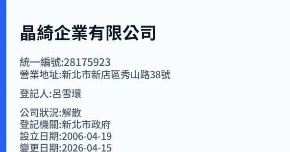 晶綺企業有限公司的照片-統編 28175923(新北市) 公司登記資料與營業項目詳細圖表
