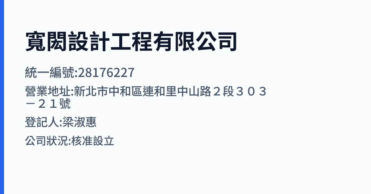 寬閎設計工程有限公司 - 統編 28176227(新北市) 公司登記資料與營業項目詳細圖表