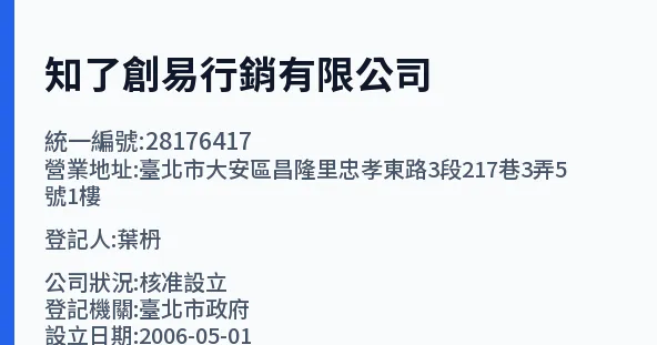 知了創易行銷有限公司的照片-統編 28176417(臺北市) 公司登記資料與營業項目詳細圖表