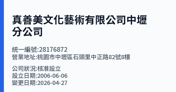 真善美文化藝術有限公司中壢分公司的照片-統編 28176872(桃園市) 公司登記資料與營業項目詳細圖表
