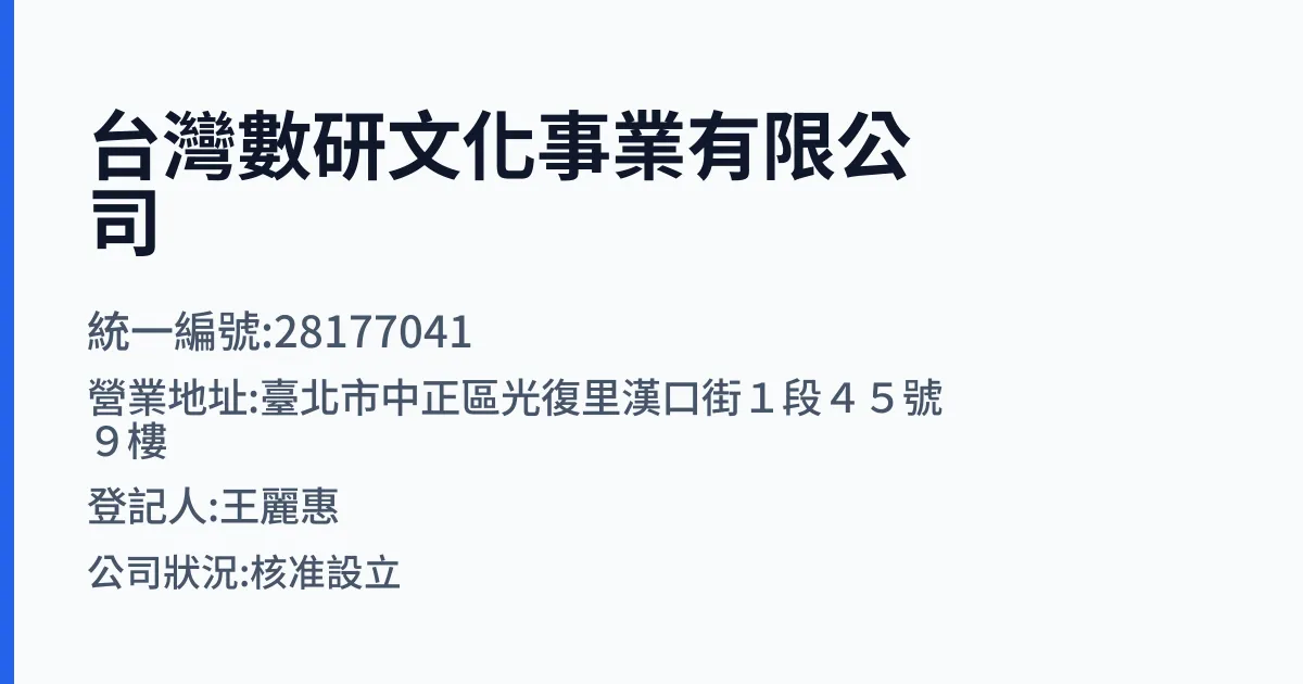 台灣數研文化事業有限公司 - 統編 28177041(臺北市) 公司登記資料與營業項目詳細圖表