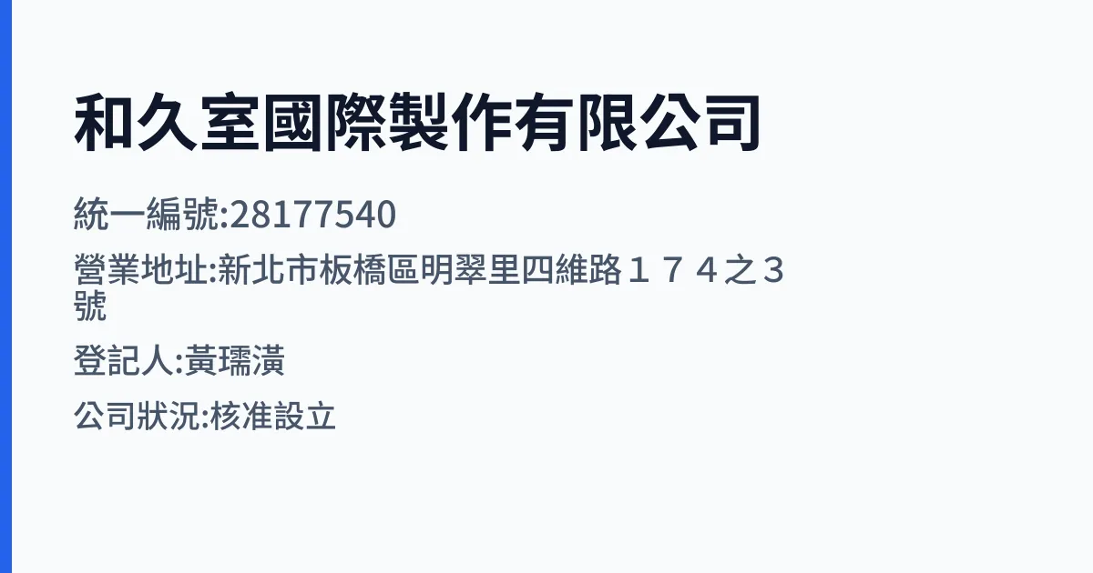 和久室國際製作有限公司 - 統編 28177540(新北市) 公司登記資料與營業項目詳細圖表
