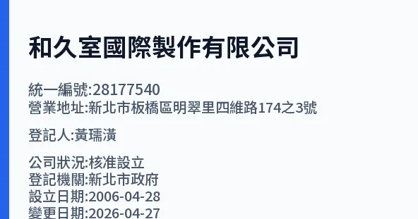 和久室國際製作有限公司的照片-統編 28177540(新北市) 公司登記資料與營業項目詳細圖表