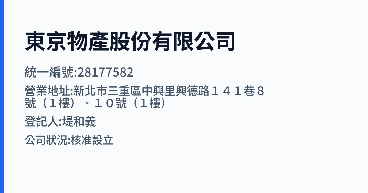 東京物產股份有限公司 - 統編 28177582(新北市) 公司登記資料與營業項目詳細圖表