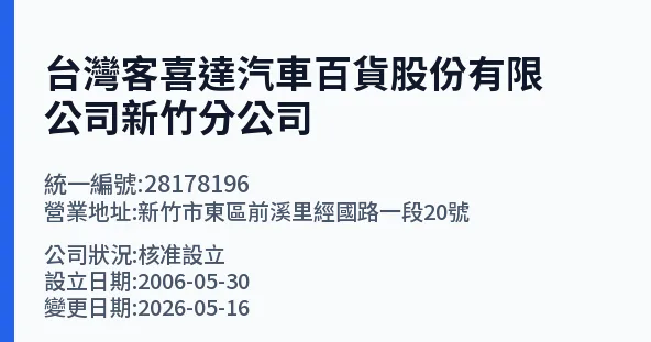 台灣客喜達汽車百貨股份有限公司新竹分公司的照片-統編 28178196(新竹市) 公司登記資料與營業項目詳細圖表