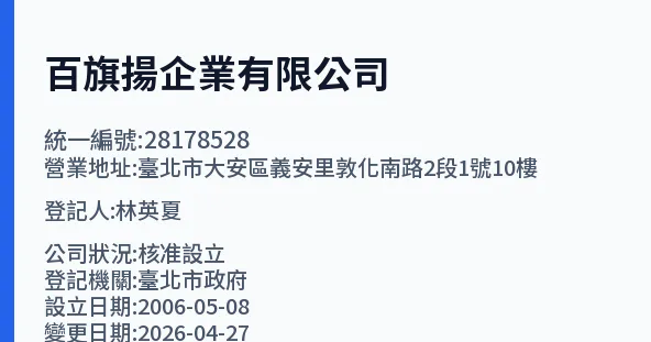 百旗揚企業有限公司的照片-統編 28178528(臺北市) 公司登記資料與營業項目詳細圖表