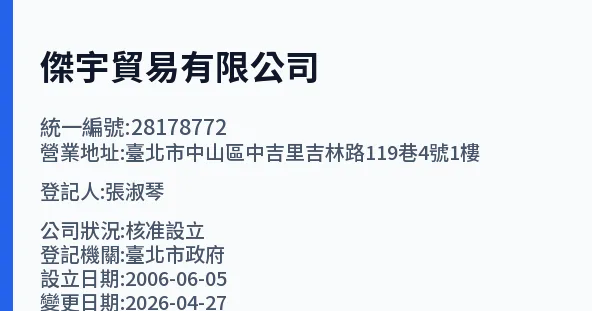 傑宇貿易有限公司的照片-統編 28178772(臺北市) 公司登記資料與營業項目詳細圖表